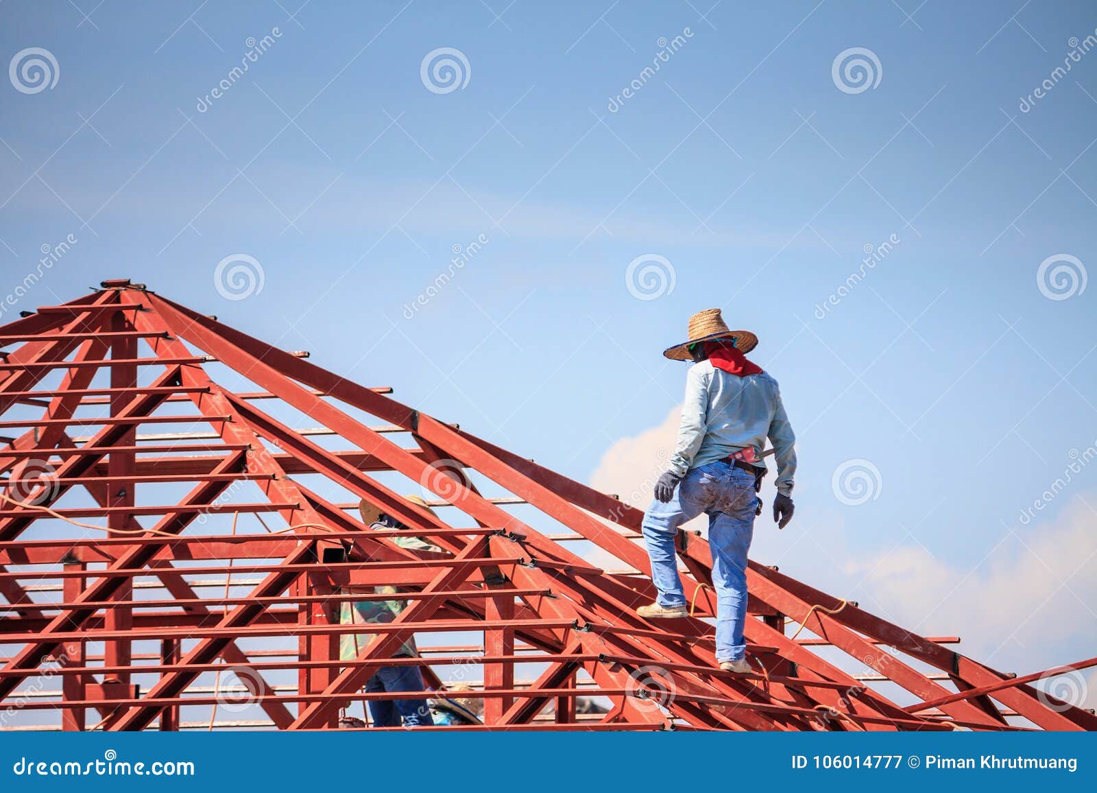Welder Workers Installing Steel Frame Structure of the House Editorial ...