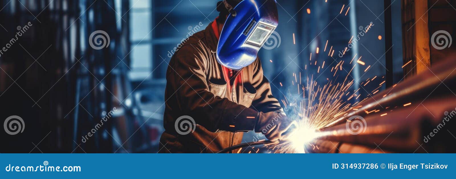 Welder Working on Medium Pipe with Blue Light Background, Industrial ...