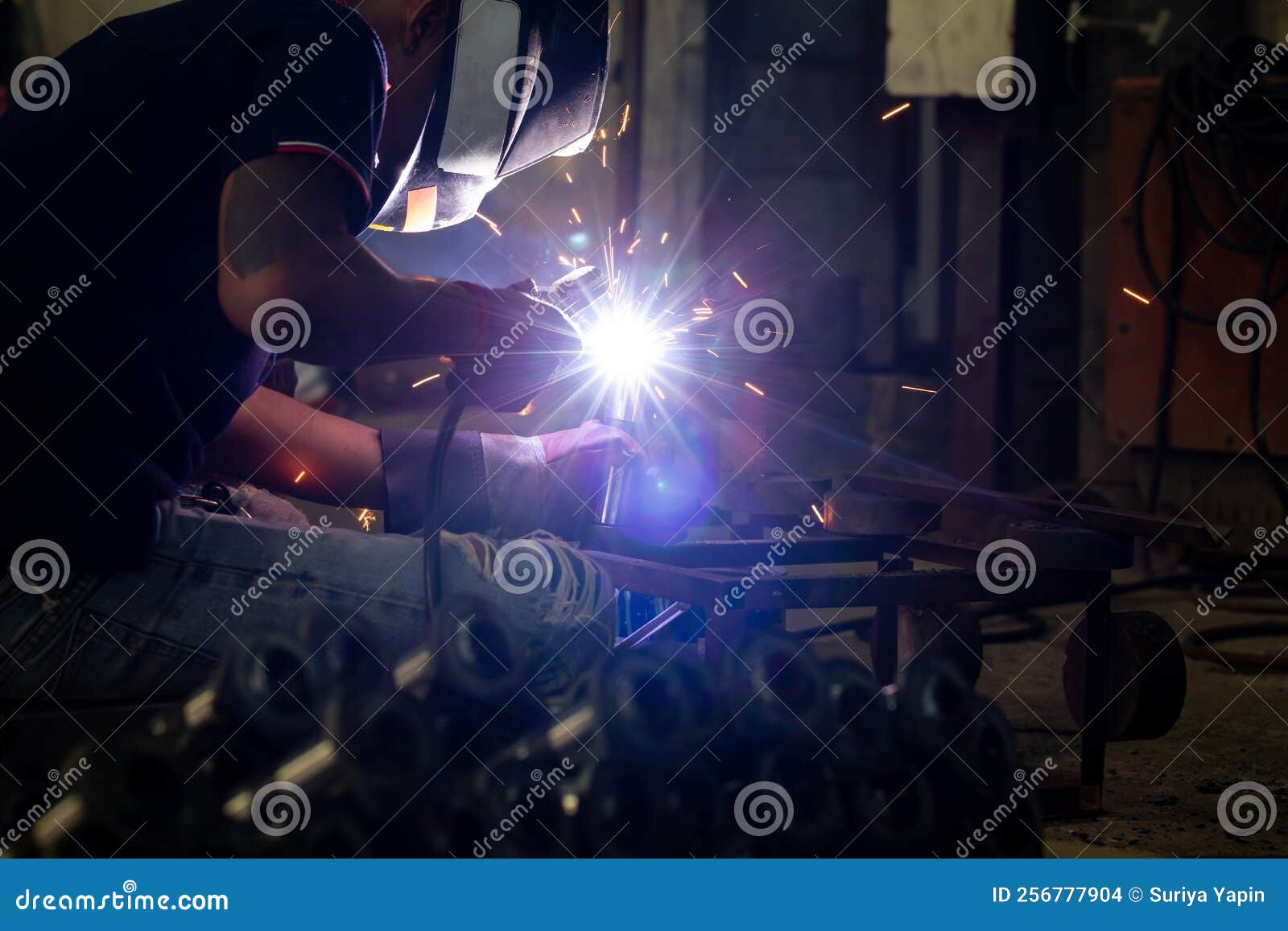 Top View Welder Wearing Safety Helmet Fall Arrest Harness Using Fall ...