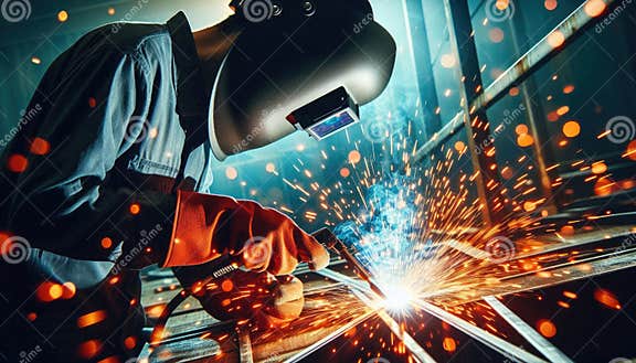 Welder in a Workshop Creating Bright Sparks while Welding Metal with ...
