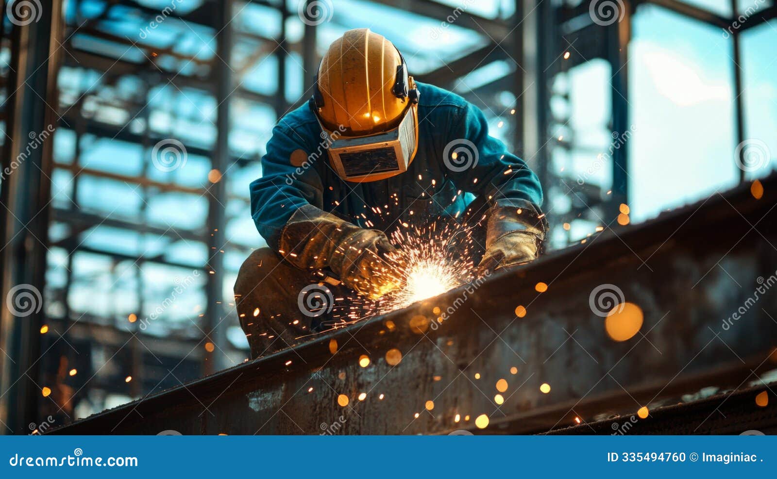Welder in Yellow Helmet with Sparks Flying during Construction Stock ...