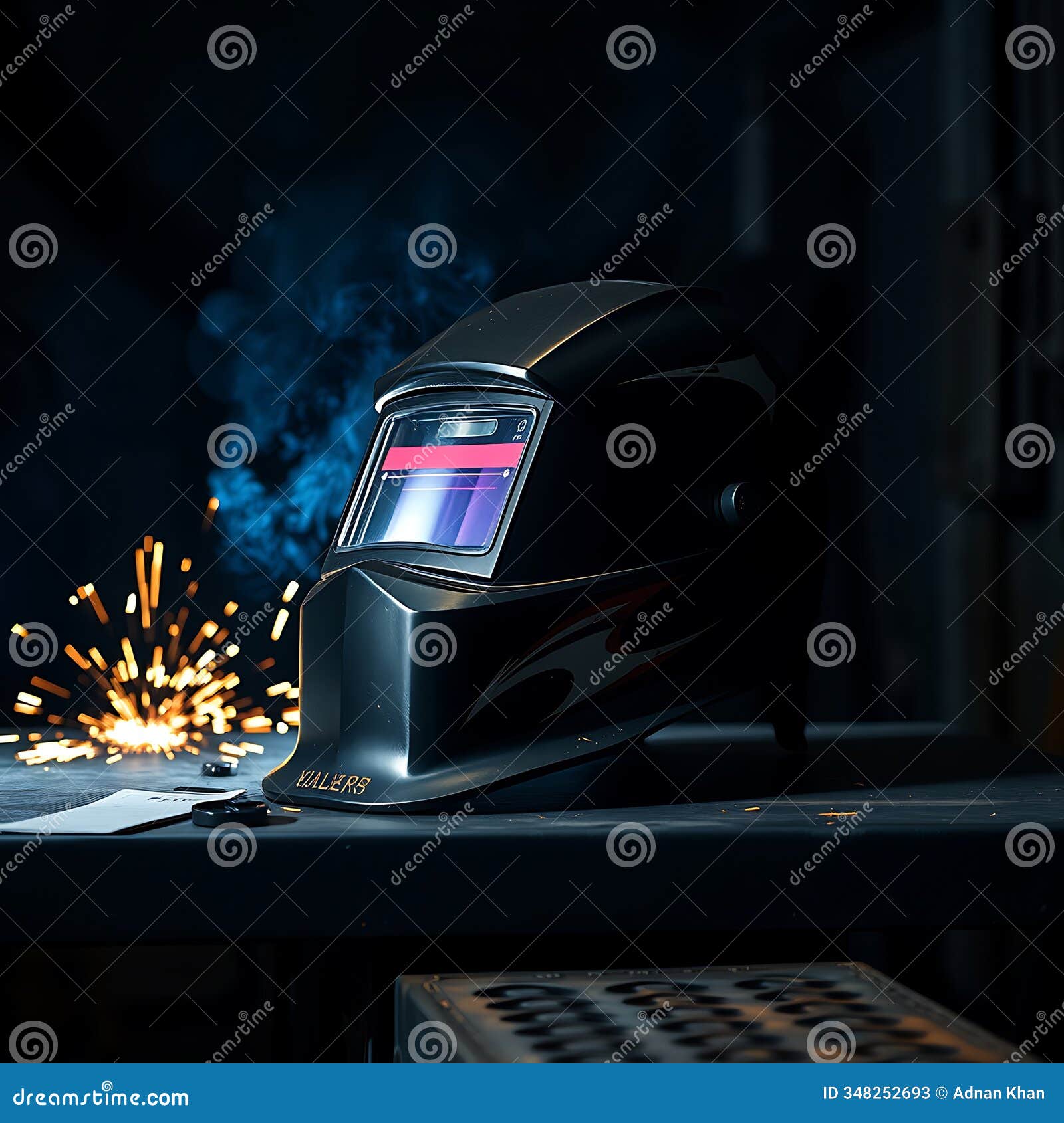 A Welding Helmet Placed on a Steel Workbench with a Background of Dark ...