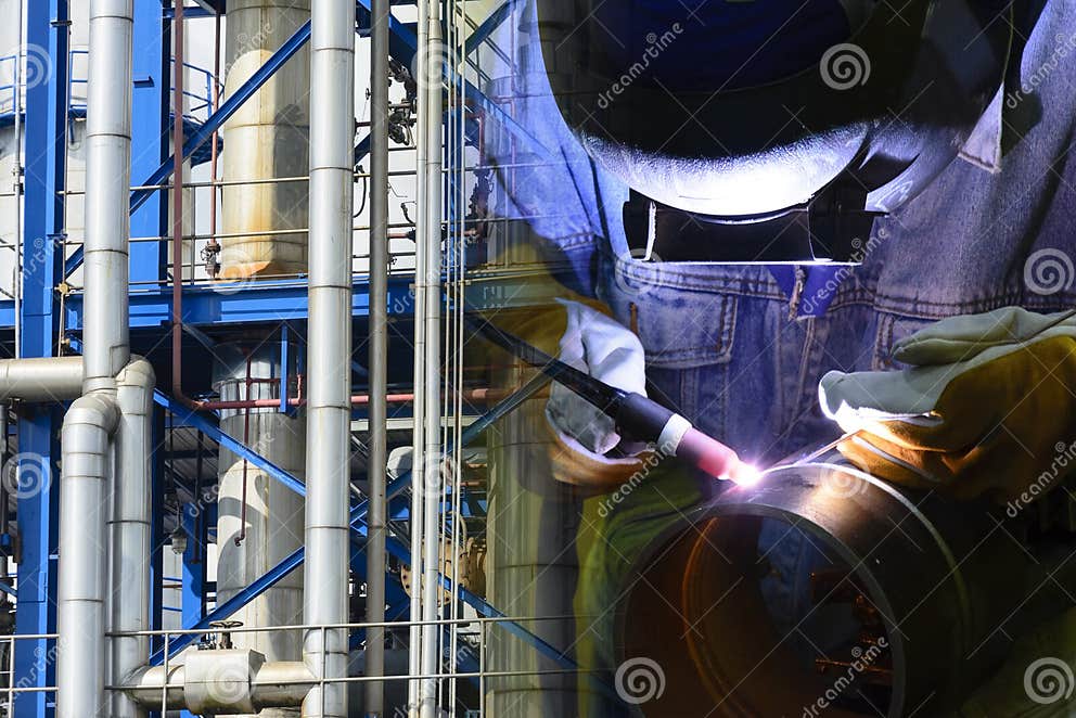 Welding Operator and Industrial Pipeline. Stock Photo - Image of flame ...