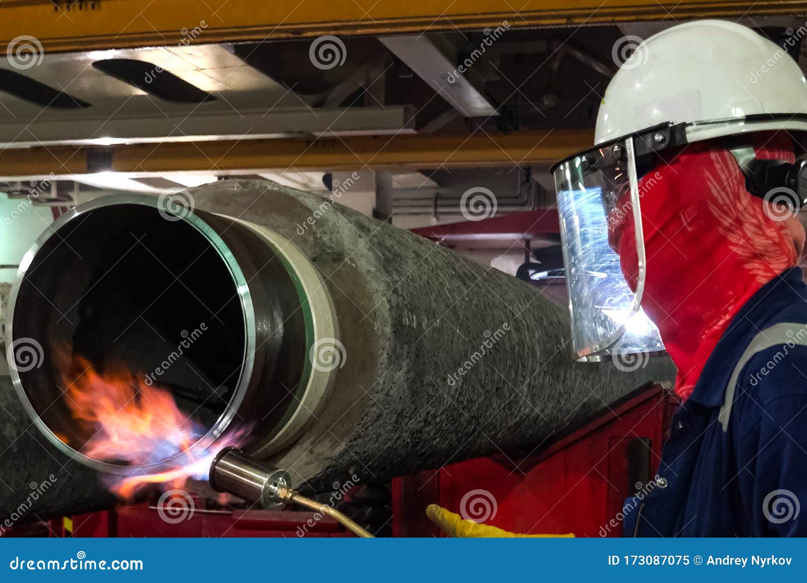 Welding the Pipeline for Laying on the Seabed. Work in a Pipe Layer ...