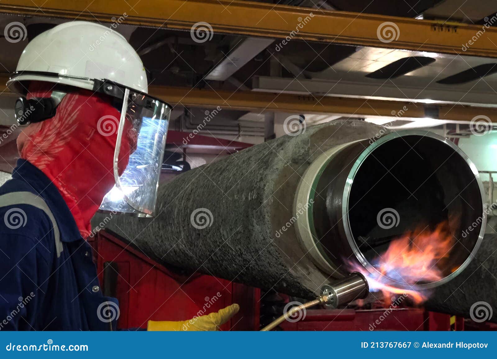 Welding the Pipeline for Laying on the Seabed. Work in a Pipe Layer ...