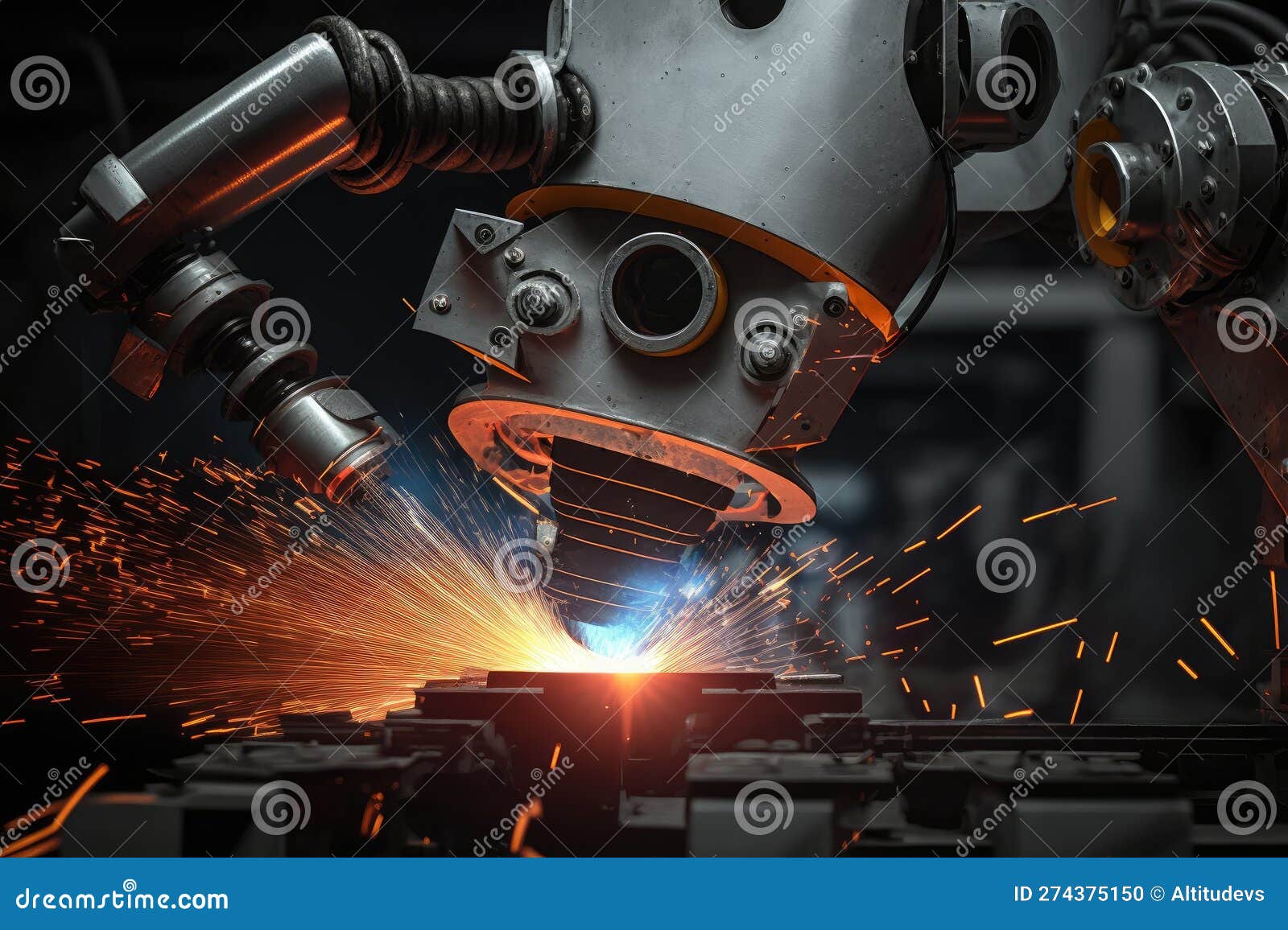 Welding Robot with Welding Torch in Motion, Creating a Weld on Metal ...