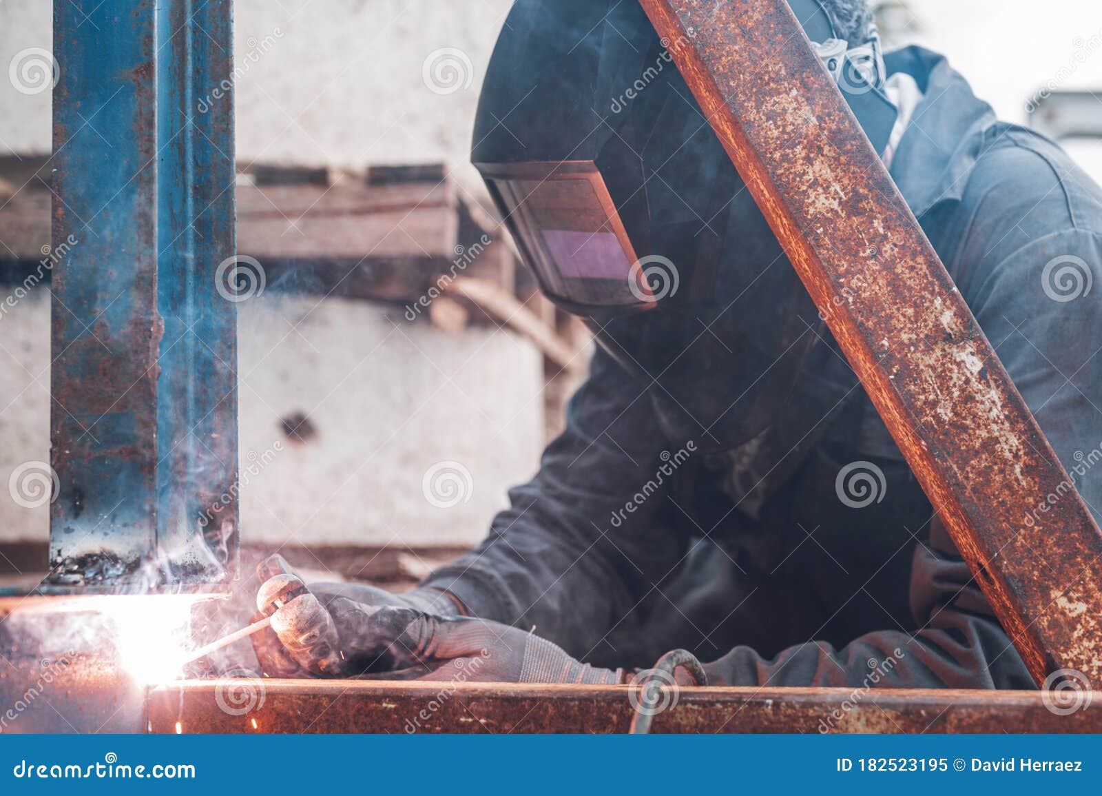 Welding Work, Man Welding in Workshop. Metalwork and Sparks ...