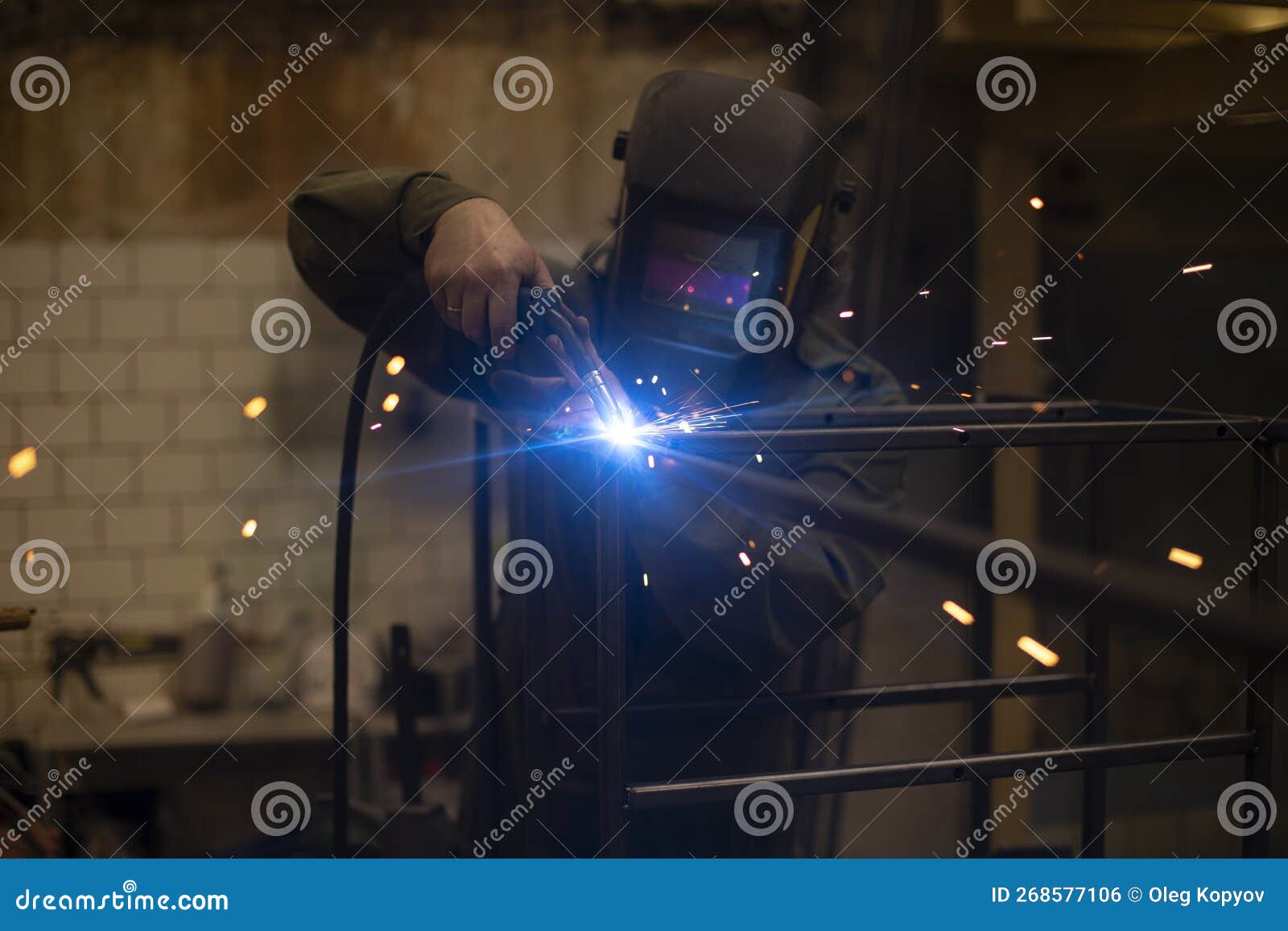 Welding Work on Metal. Blue Fire from High Temperature Stock Photo ...