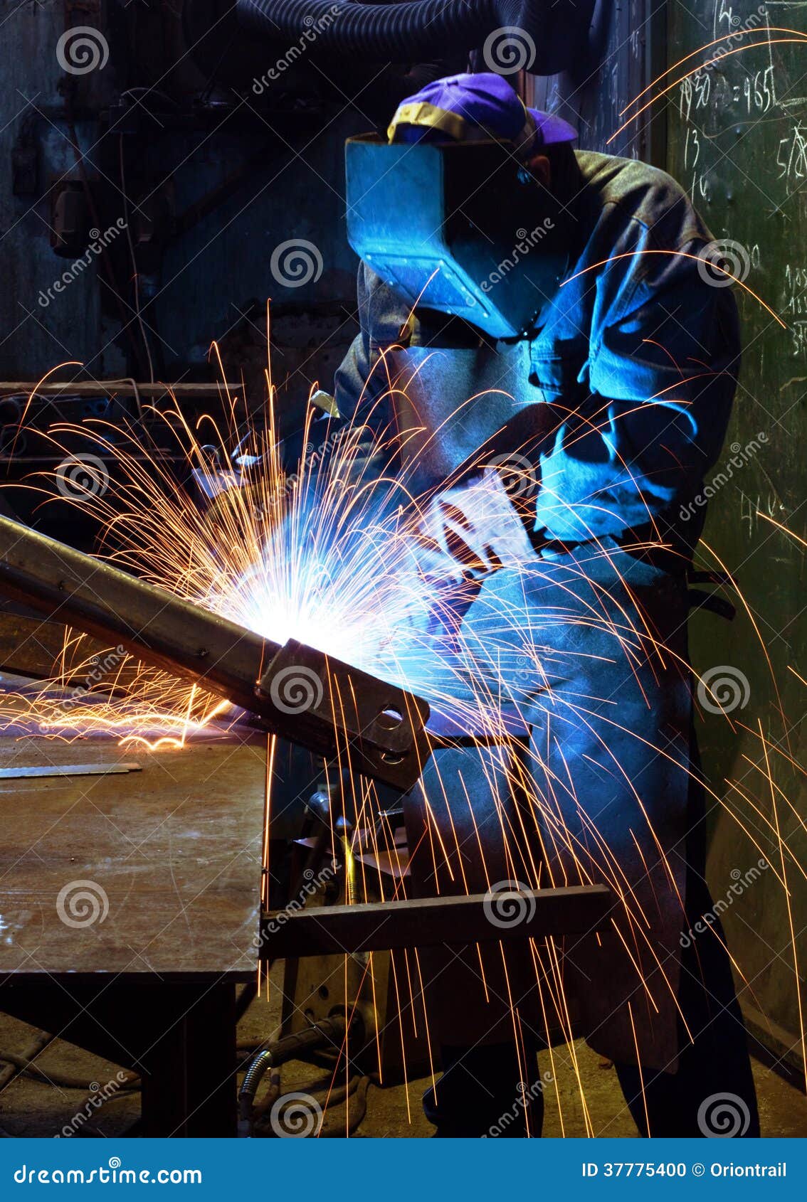Welding Worker in Dark Facotry Stock Photo - Image of spark, light ...