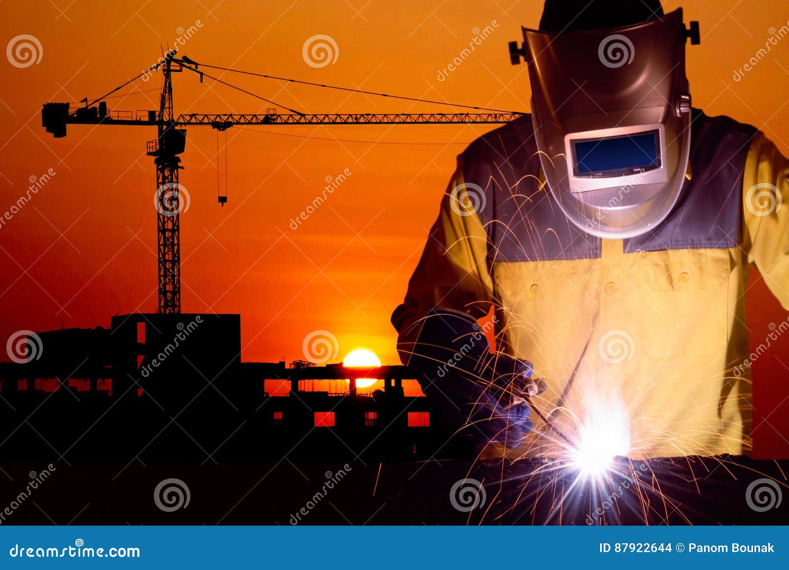 Welding Worker Welding Steel Structure with Construction Crane Stock ...