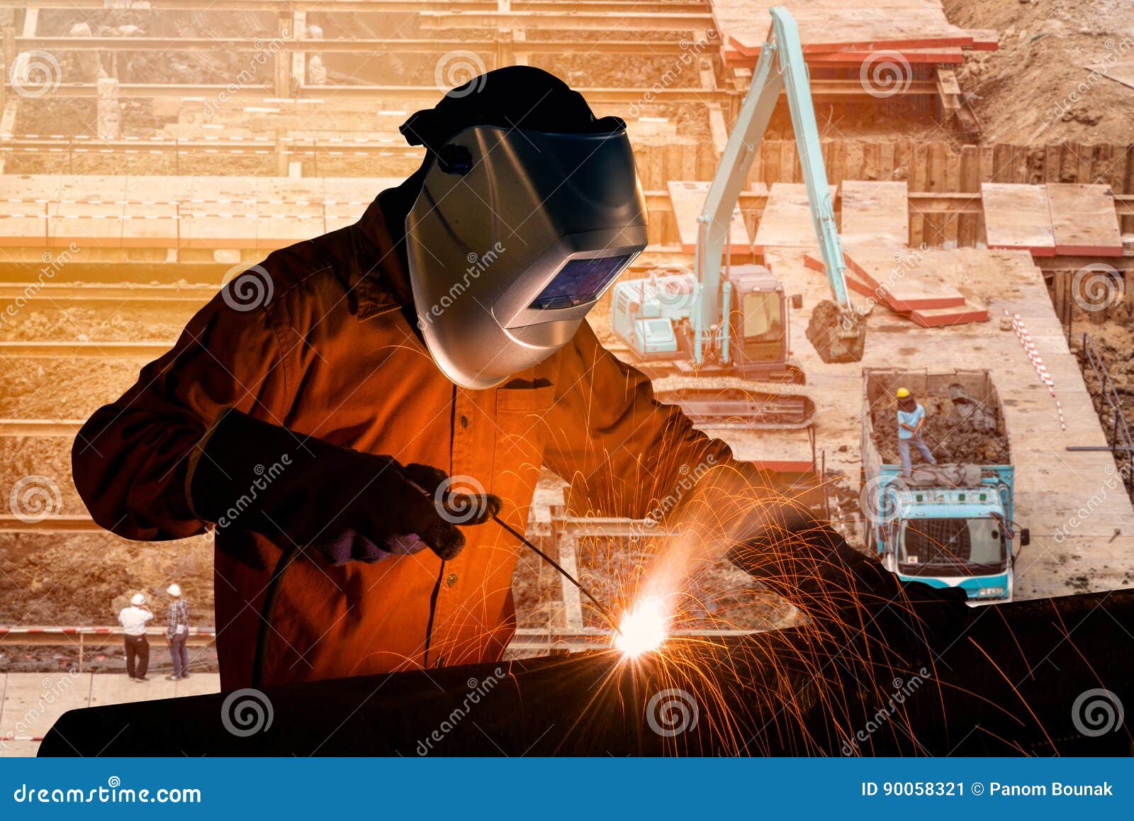 Welding Worker Welding Steel Structure with Construction Site Stock ...