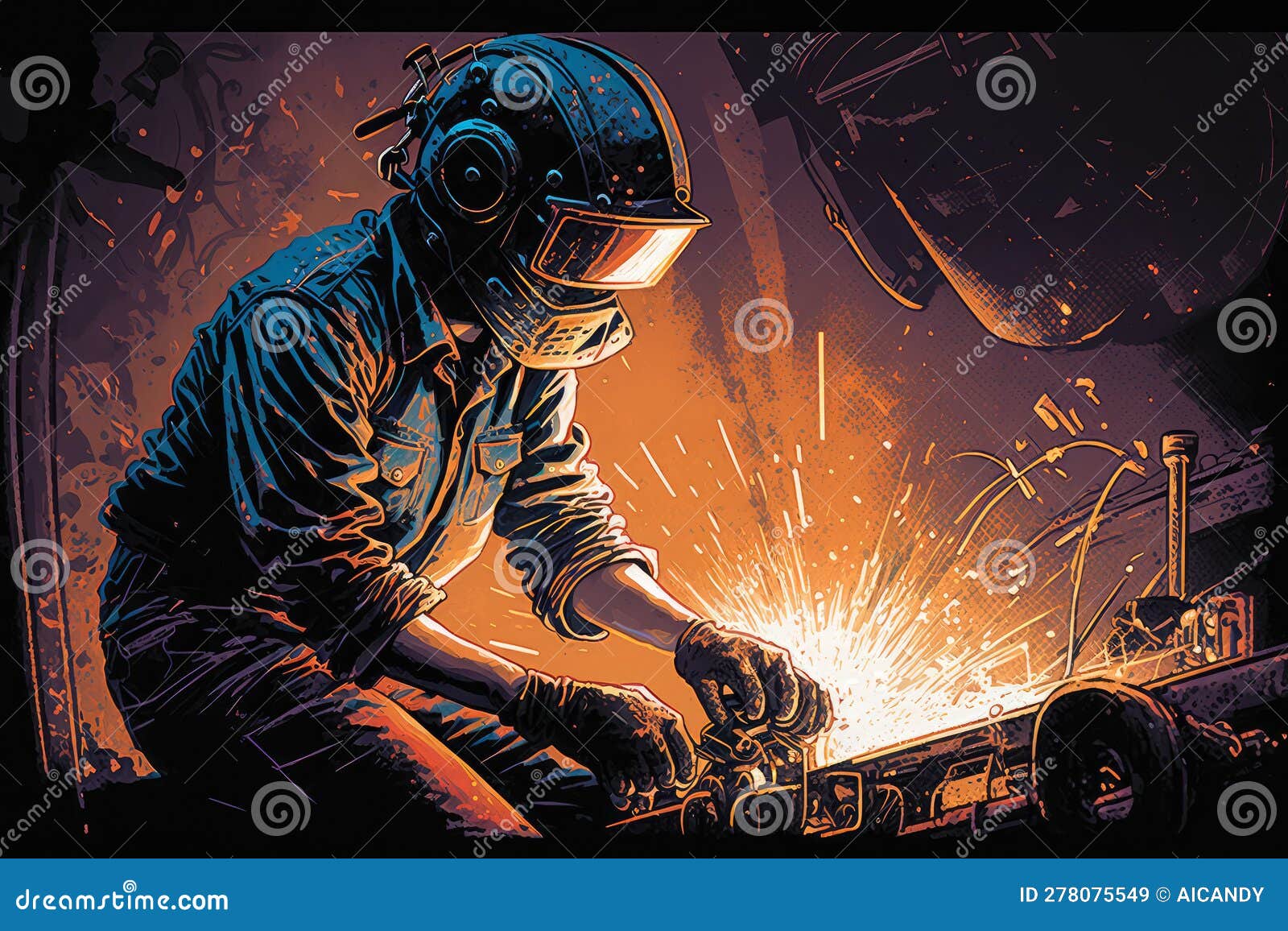 Welding Workshop Scene with Sparks Flying and Metalwork in Progress Stock Illustration ...