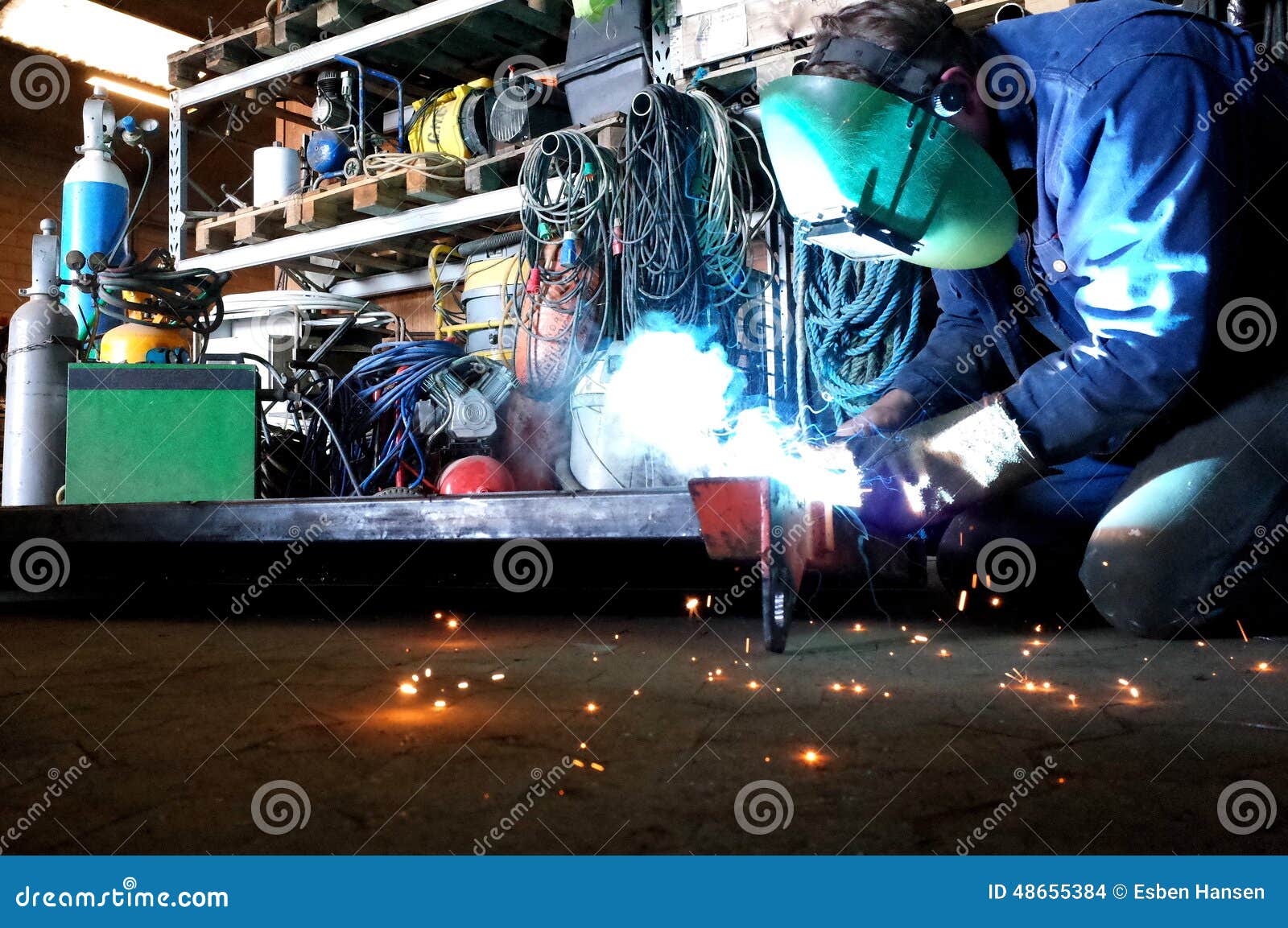 Welding in the workshop stock photo. Image of hood, ironworker - 48655384