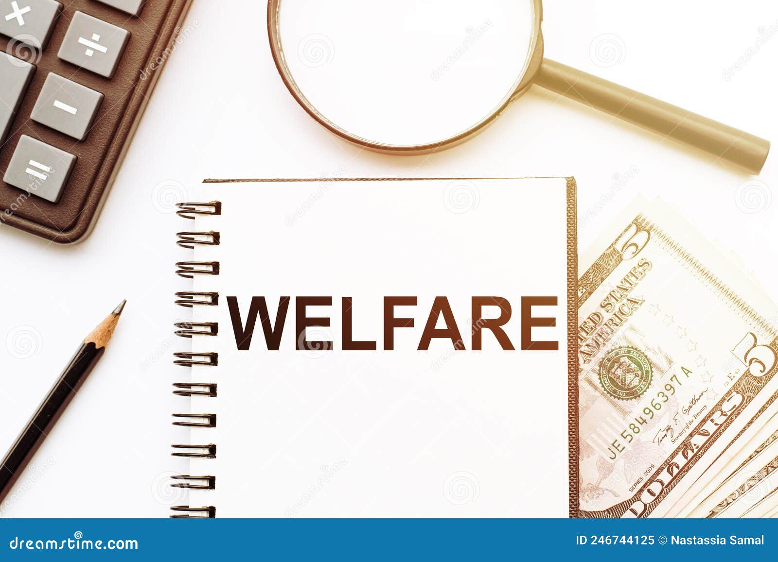 WELFARE Text on Notepad with with Calculator, Pencil and Magnifier on ...