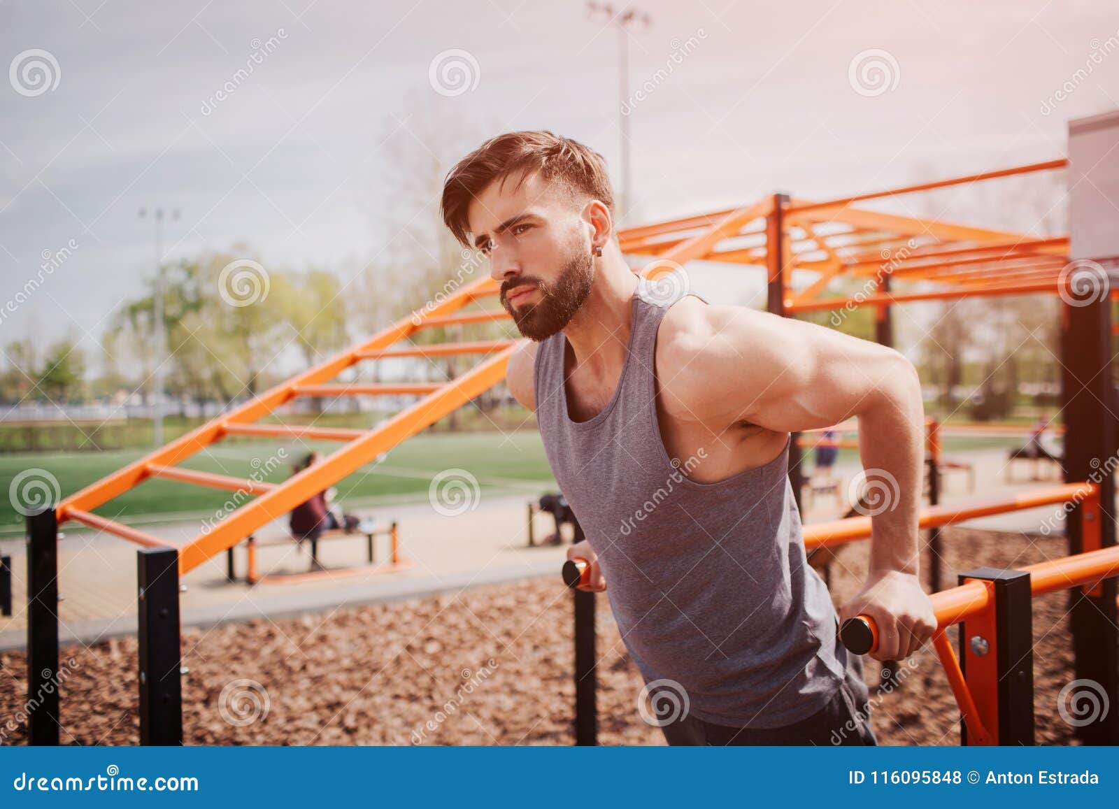 Well-built Brunette is Doing Some Push-ups Using Horizontal Bar. Man is ...
