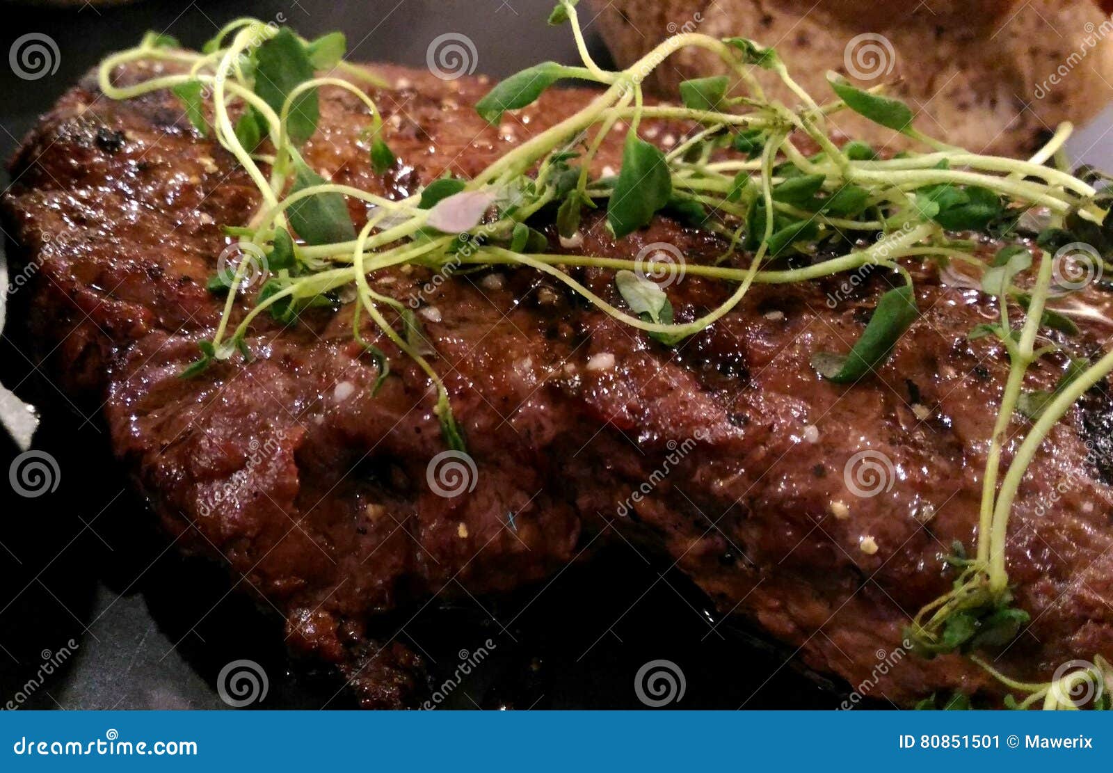 Well cooked stake stock image. Image of green, sauce - 80851501