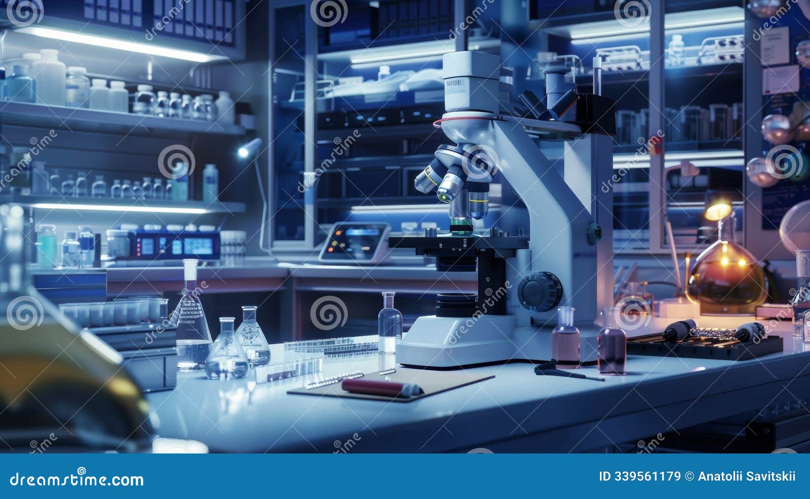 A Well-equipped Laboratory Featuring a Microscope, Glassware, and ...