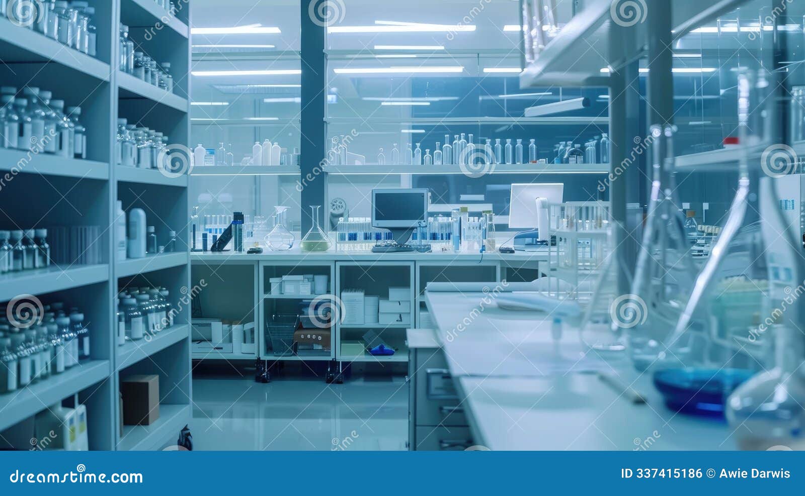 A Well-Equipped Laboratory with Glassware, Shelving, and a Computer ...