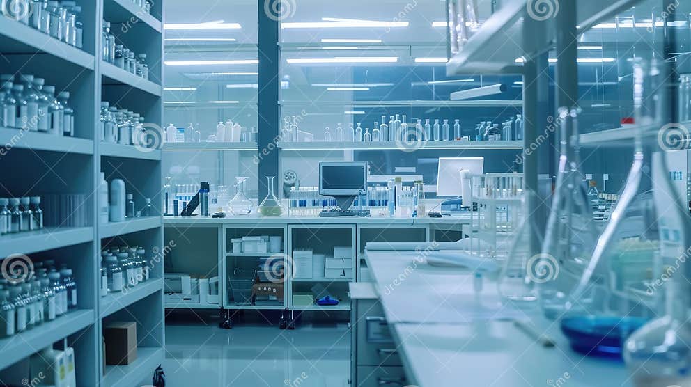 A Well-Equipped Laboratory with Glassware, Shelving, and a Computer ...