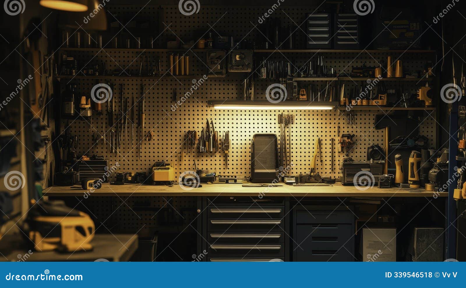 Well-equipped Workshop with Tools and a Workbench Stock Illustration ...