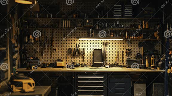 Well-equipped Workshop with Tools and a Workbench Stock Illustration ...