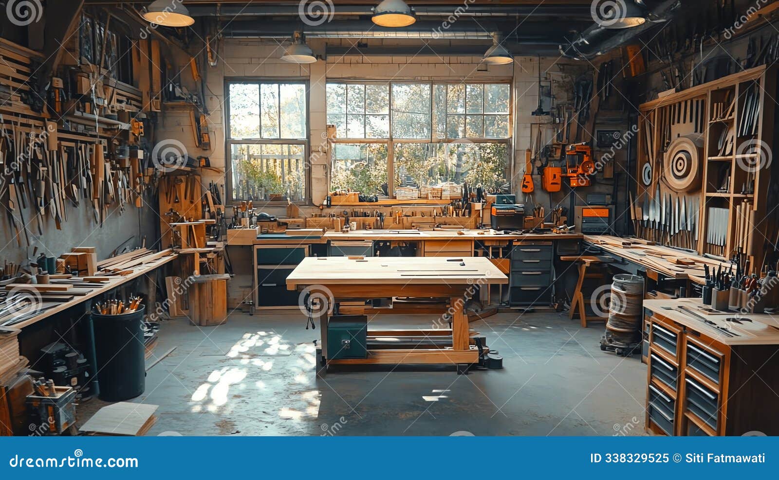 A Well-equipped Workshop with a Workbench in the Center, Tools Hanging ...
