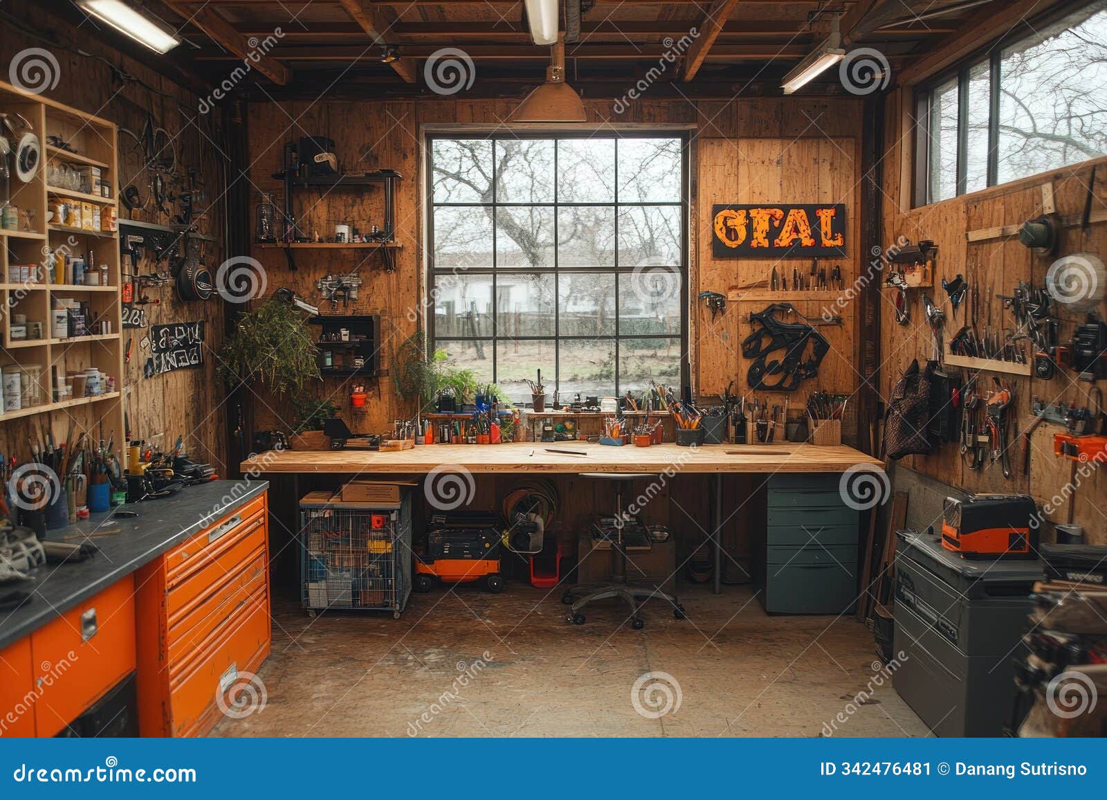 A Well-equipped Workshop with a Workbench, Shelves, and Tools Stock ...