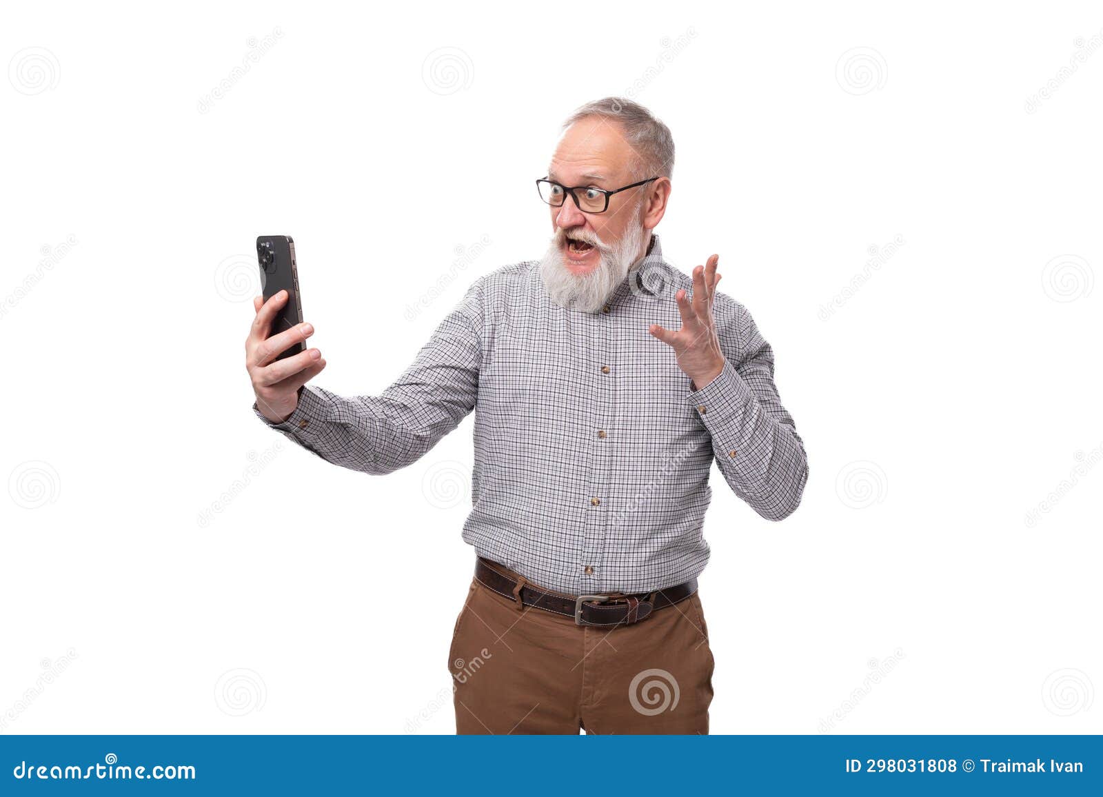 Well Groomed Elderly Man With A Gray Beard And Mustache Takes A Selfie