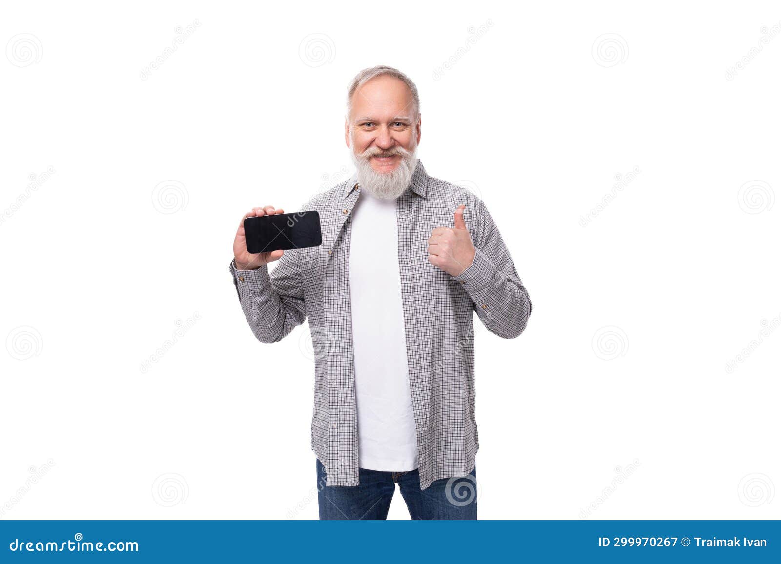 Well Groomed Gray Haired Senior Man With A Beard And Mustache Shows The