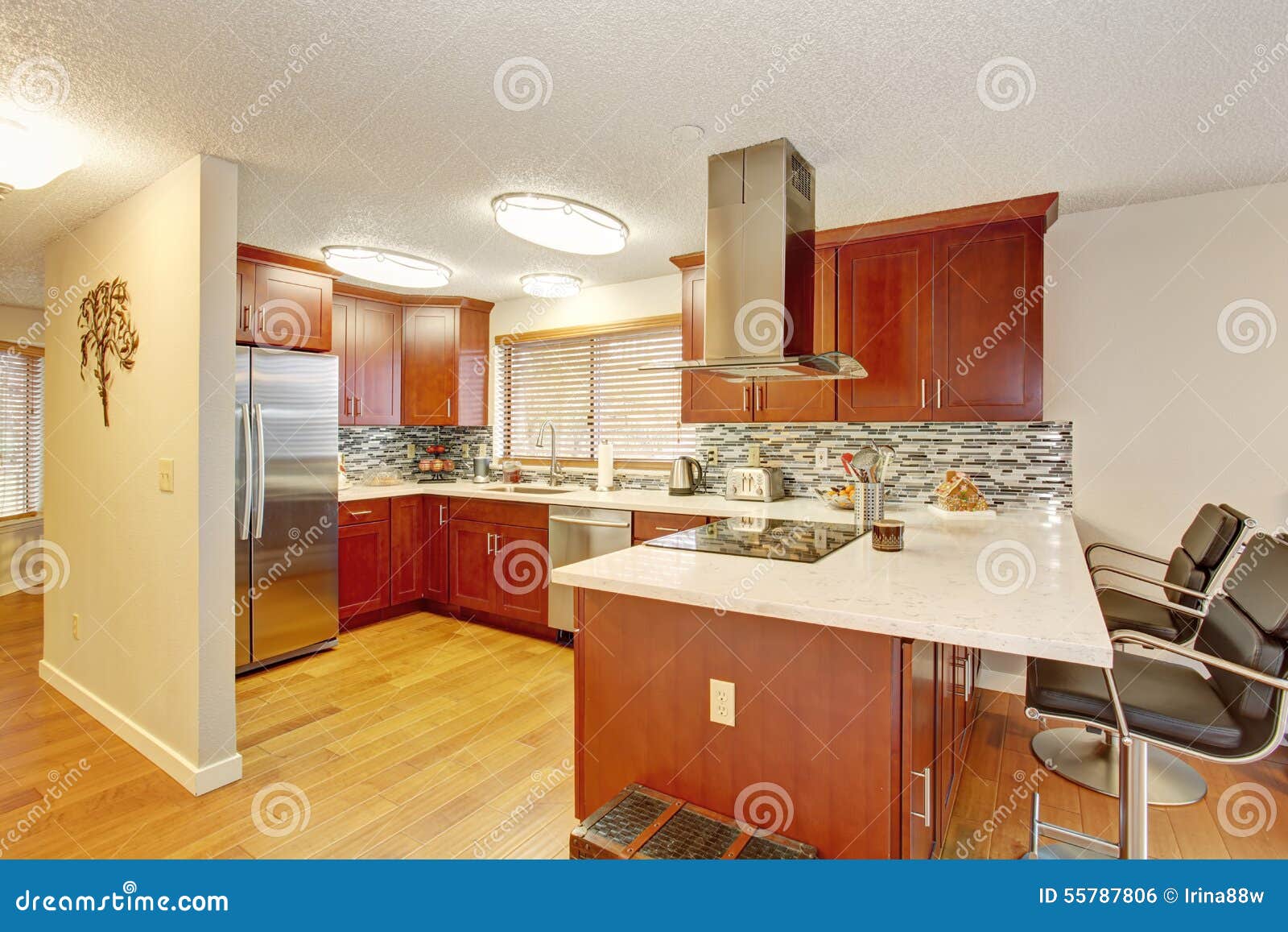 Well Kept Kitchen with Hardwood Floor. Stock Photo - Image of wall ...