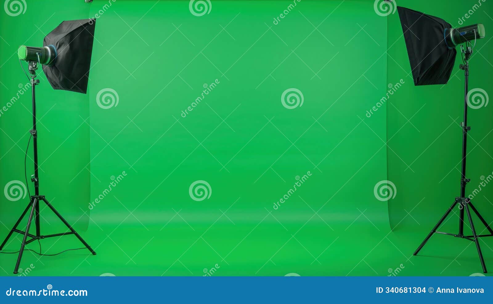 A Well-lit Green Screen Setup Features Two Studio Lights on Each Side ...
