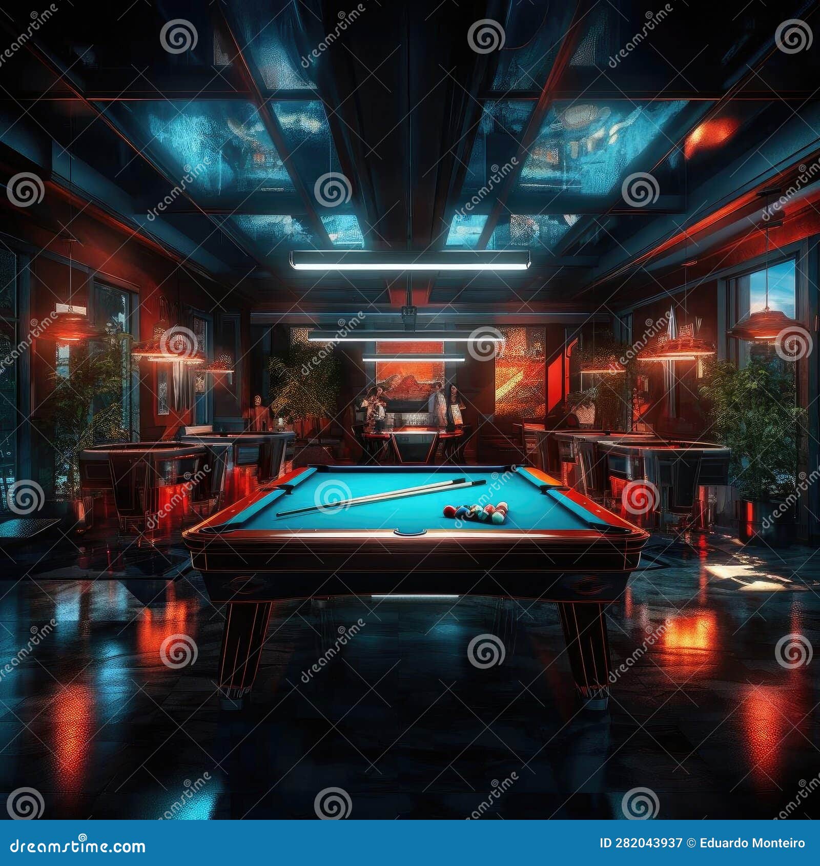 A Well-lit and Modern Billiards Room with Several Tables and Neon Signs ...