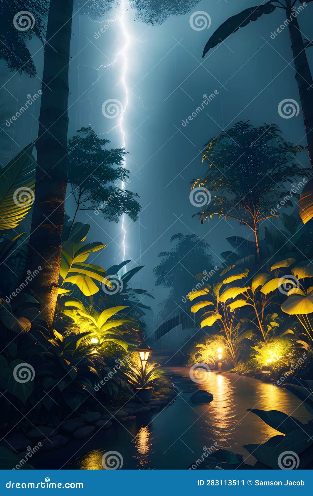 A Well-lit Path through the Forest with a Calm Flowing Stream of Water ...