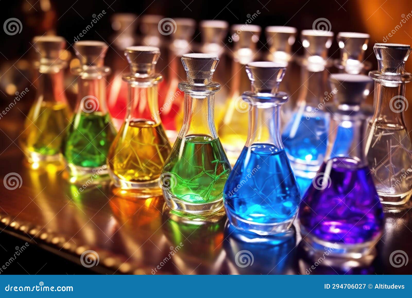 A Well-lit Shot of Transparent Flasks Filled with Colored Perfume ...