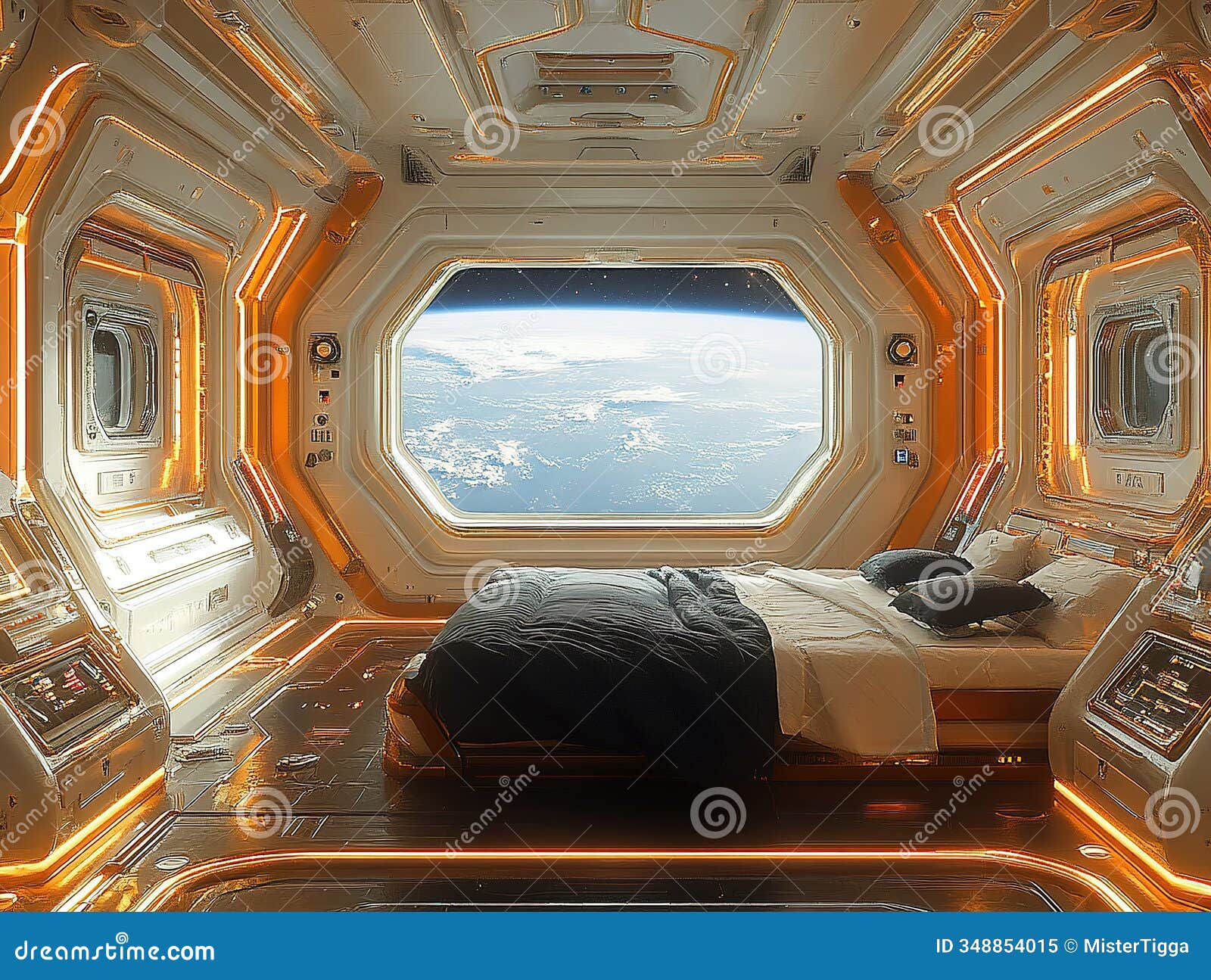 A Well-lit Spacecraft Cabin with Navigation Controls, a Central Earth ...