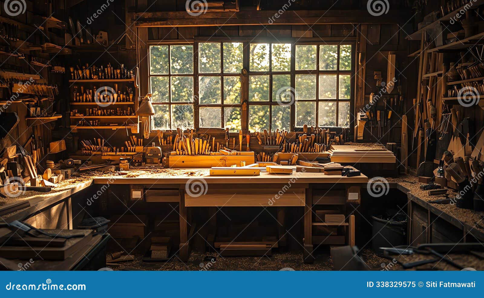 A Well-lit Woodworking Shop with a Workbench Full of Tools and a Large ...