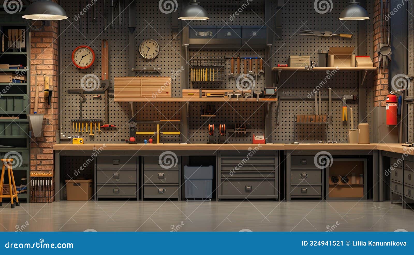 A Well-lit Workshop with a Workbench and Shelves Full of Tools and ...