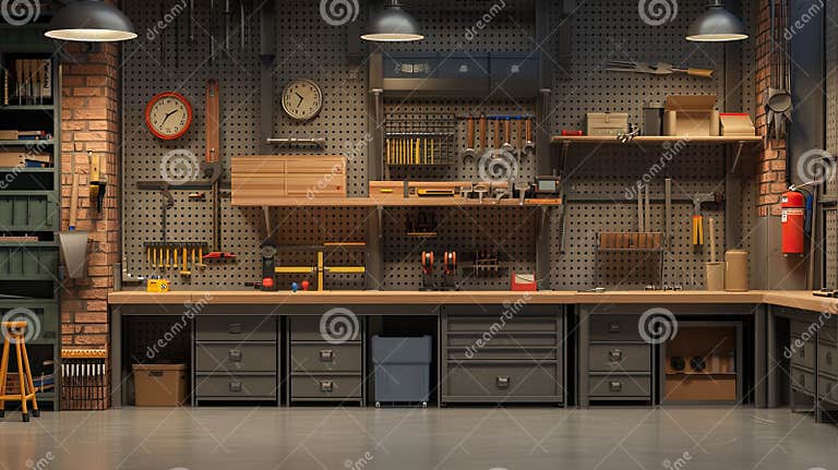 A Well-lit Workshop with a Workbench and Shelves Full of Tools and ...
