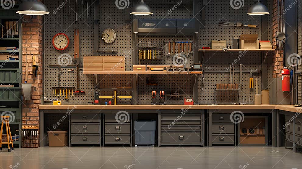 A Well-lit Workshop with a Workbench and Shelves Full of Tools and ...