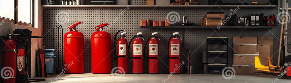 A Well-organized Garage Featuring Red Fire Extinguishers, Tools, and ...