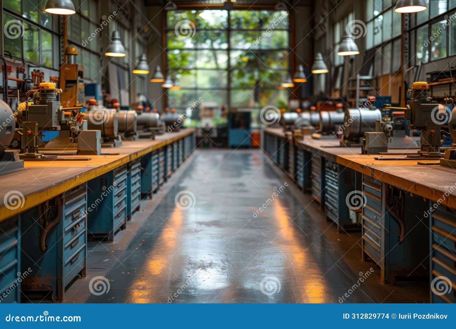 Large Industrial Workshop Interior with Workbenches and Bright Windows ...