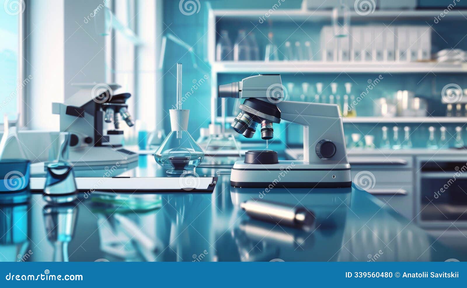 A Well-organized Laboratory Features Microscopes and Various Glassware ...
