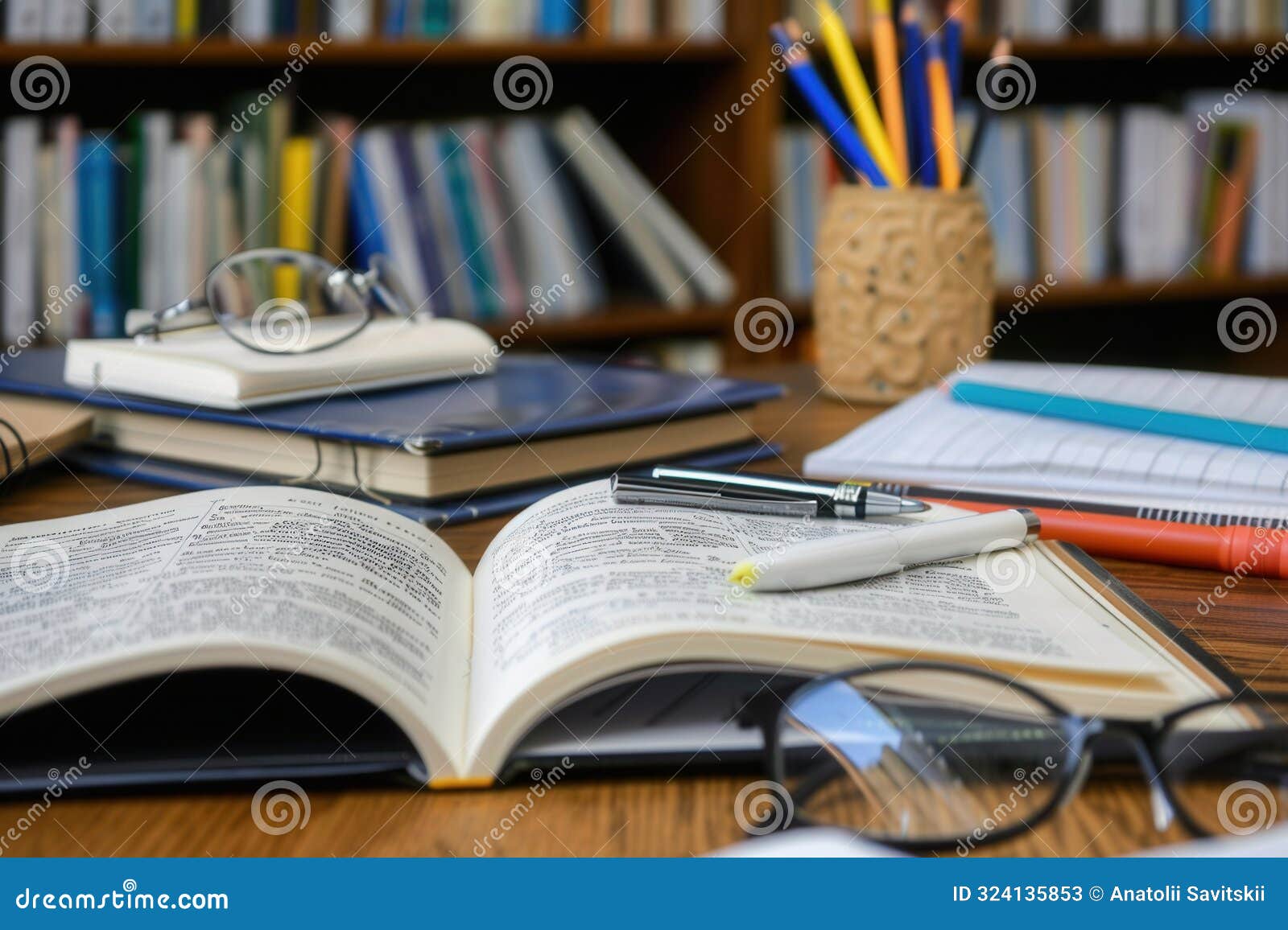 A Well-organized Study Desk in a Library with Open Textbooks, Notebooks ...