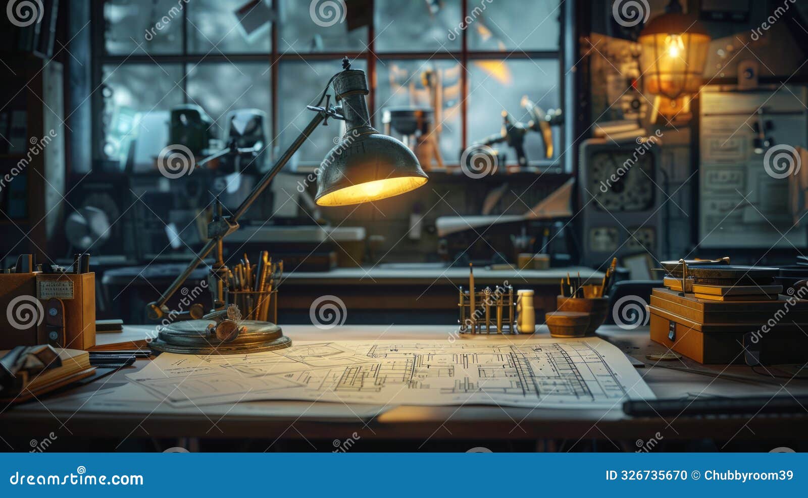 A Well-organized Vintage Workspace Illuminated by a Classic Desk Lamp ...