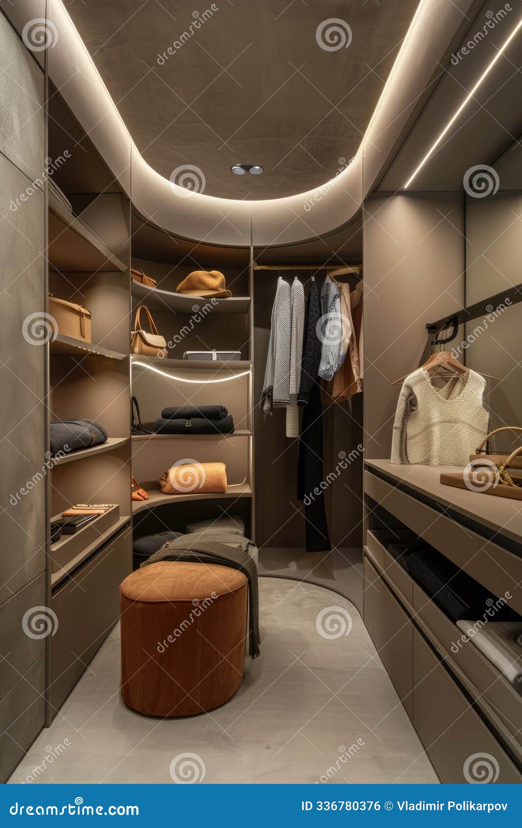 A Well-organized Walk-in Closet with a Stool and Shelves for Storage ...