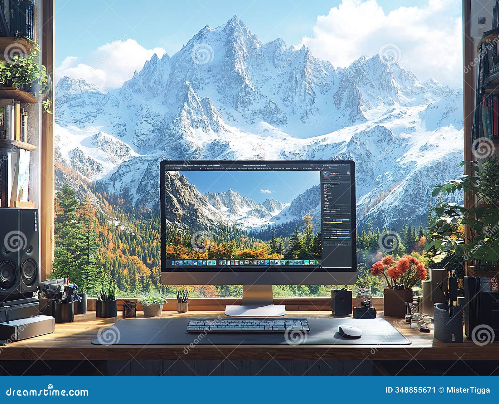 A Well-organized Workspace Showcases a Computer Setup with Graphic Design Software, Surrounded ...