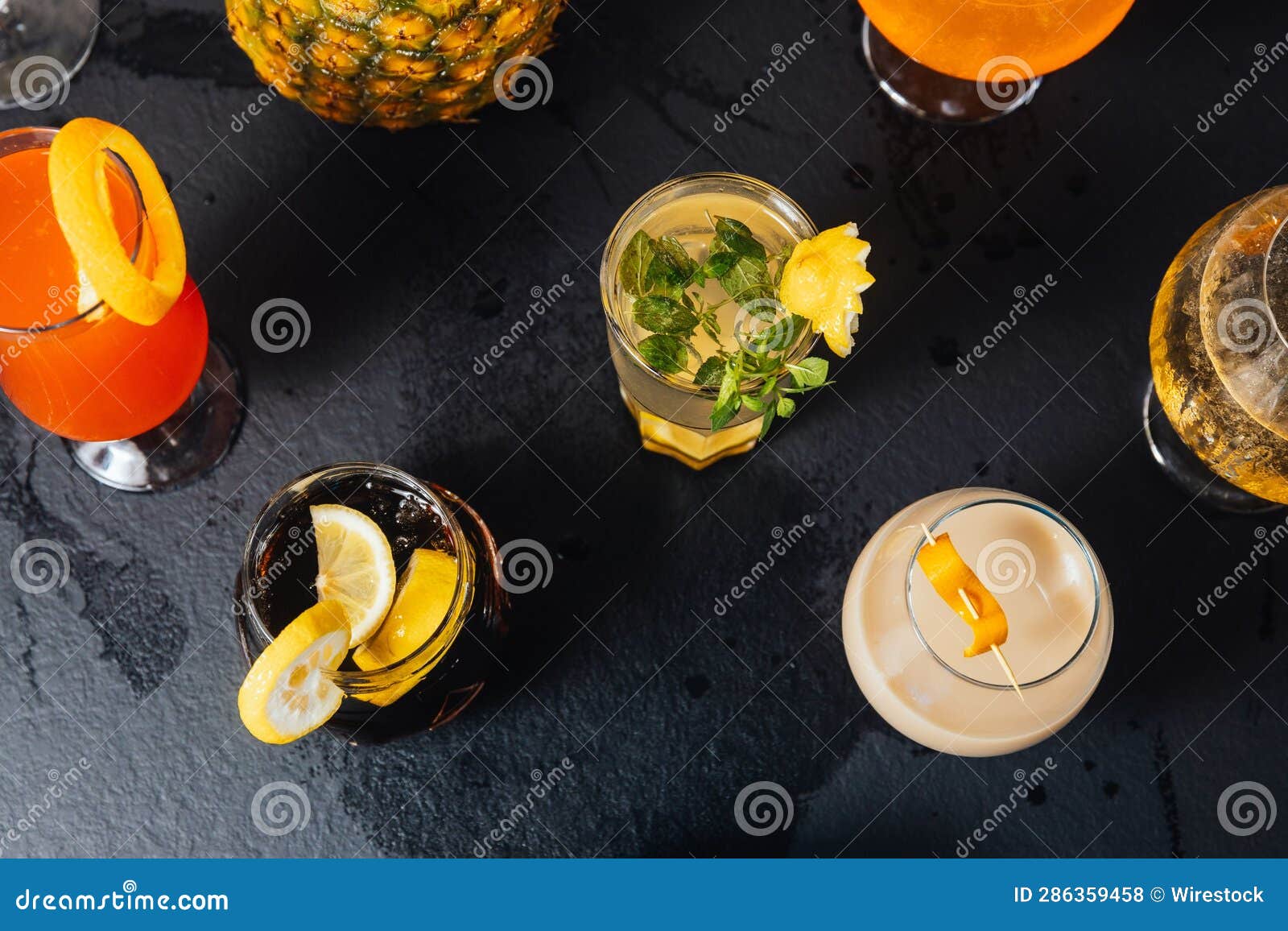 A Bar with Various Alcohols on the Table Top View Stock Photo - Image ...