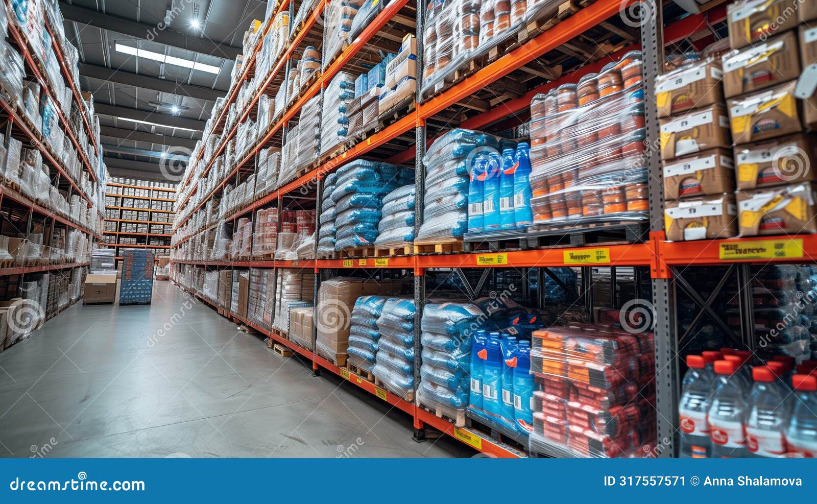 Well-stocked Large Warehouse Aisle with Rows of Bulk Packaged Goods ...