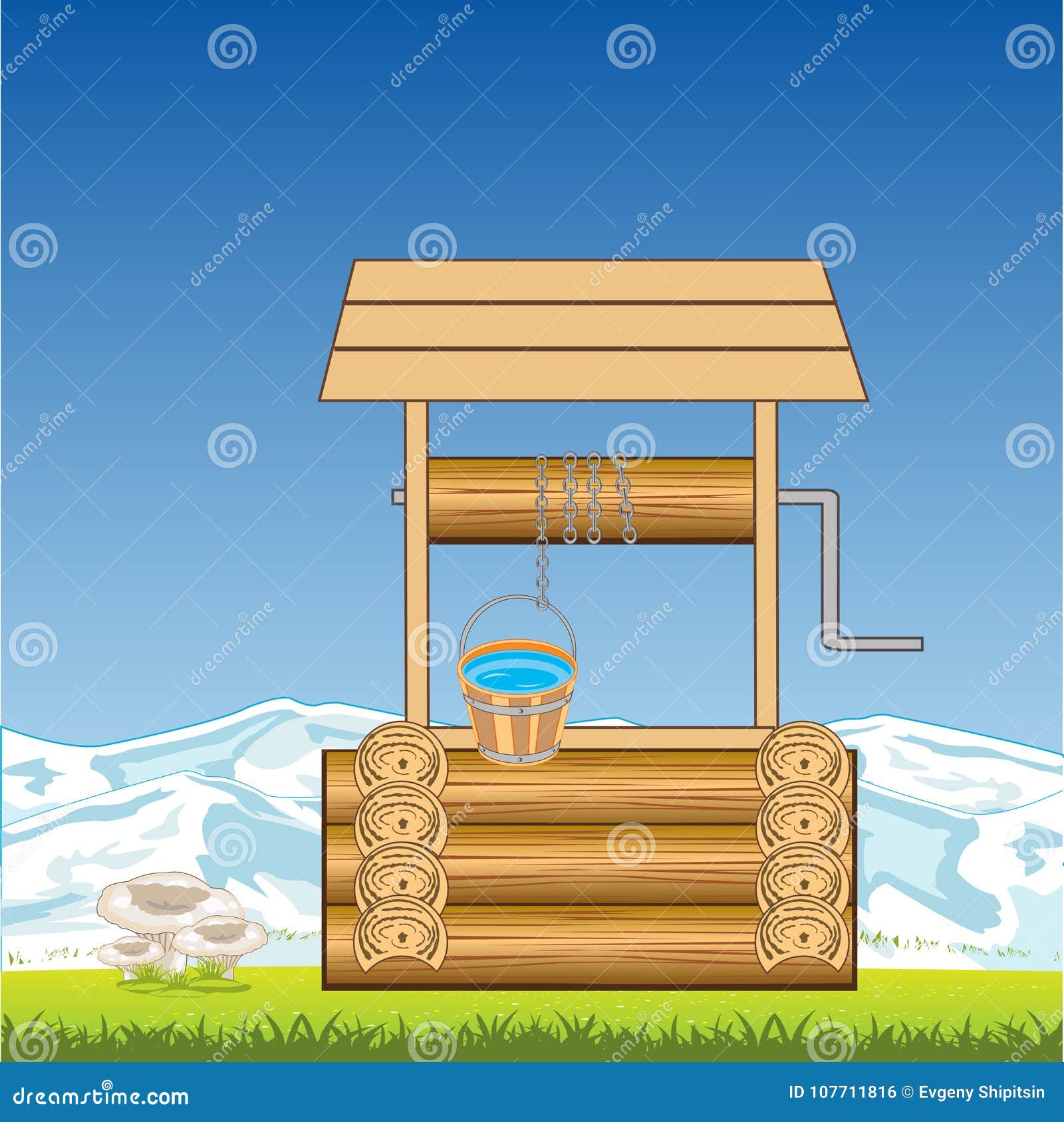 Well Water With Stones And Wood Plank In Cartoon Style Isolated On ...