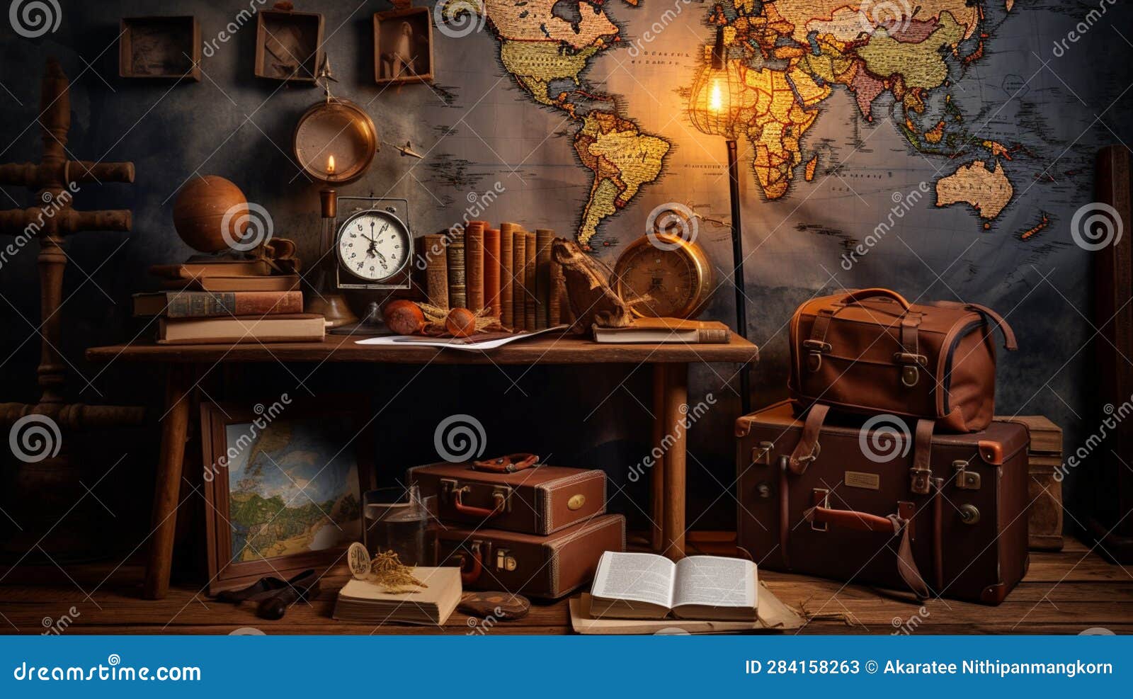 A Well-worn Backpack, a Vintage Suitcase, Old Book, Clock, World Map ...